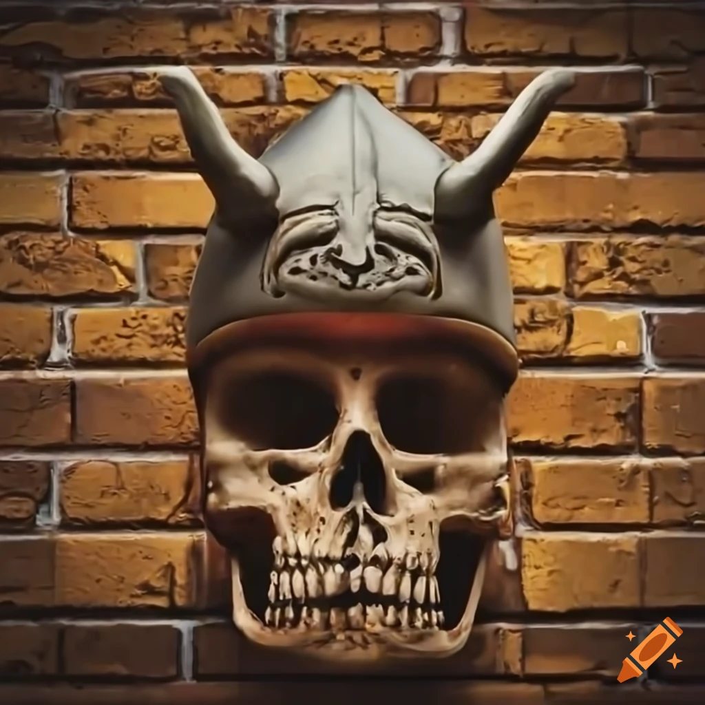Human-eyed skeleton with horned helmet in front of golden brick wall on ...