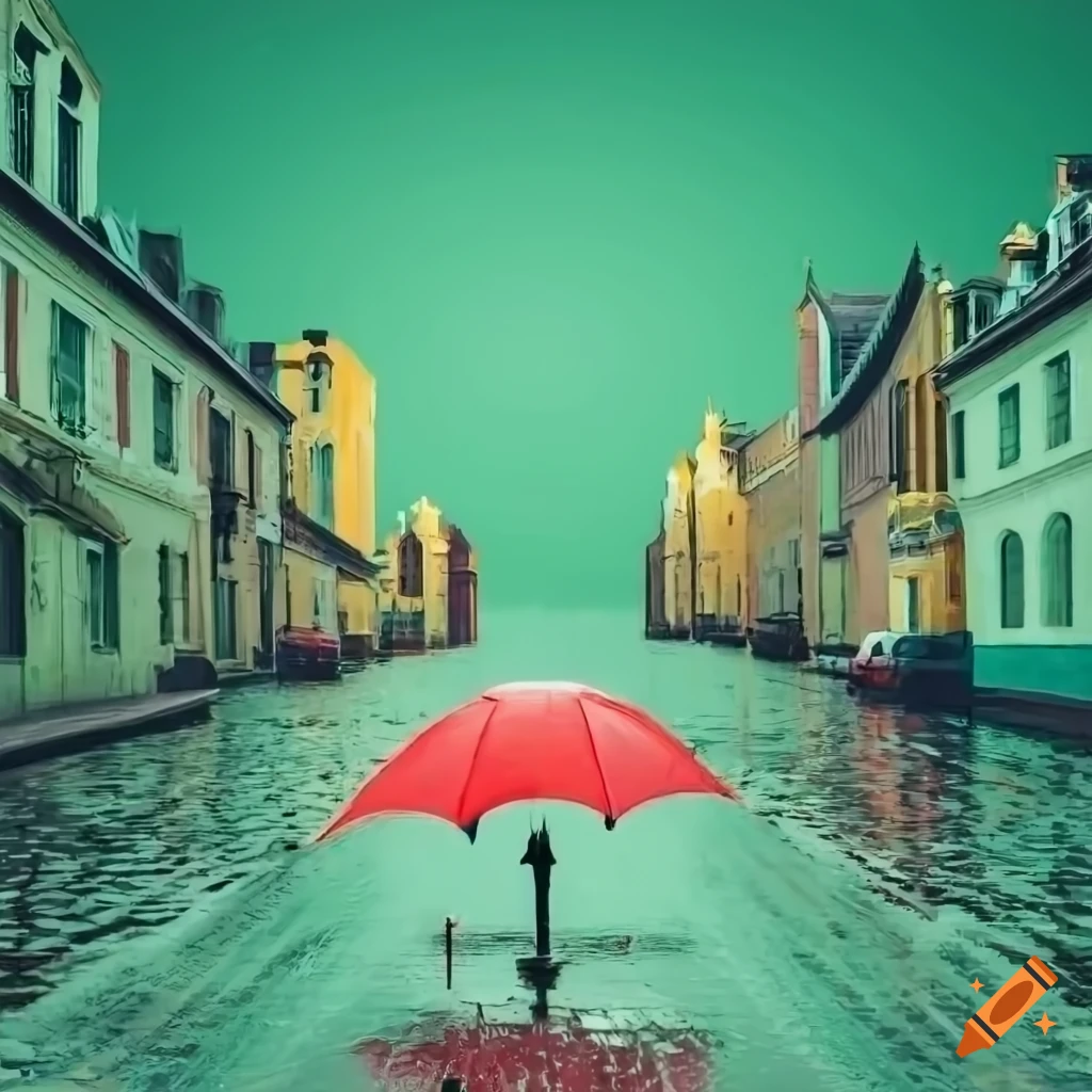 Colorful city scene of rainy streets with a red umbrella on Craiyon