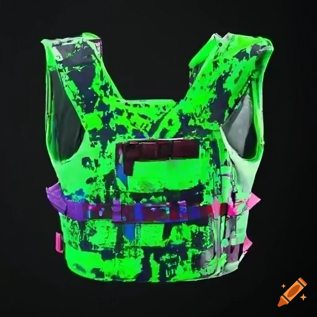 Neon bulletproof vest with paint splatters on Craiyon