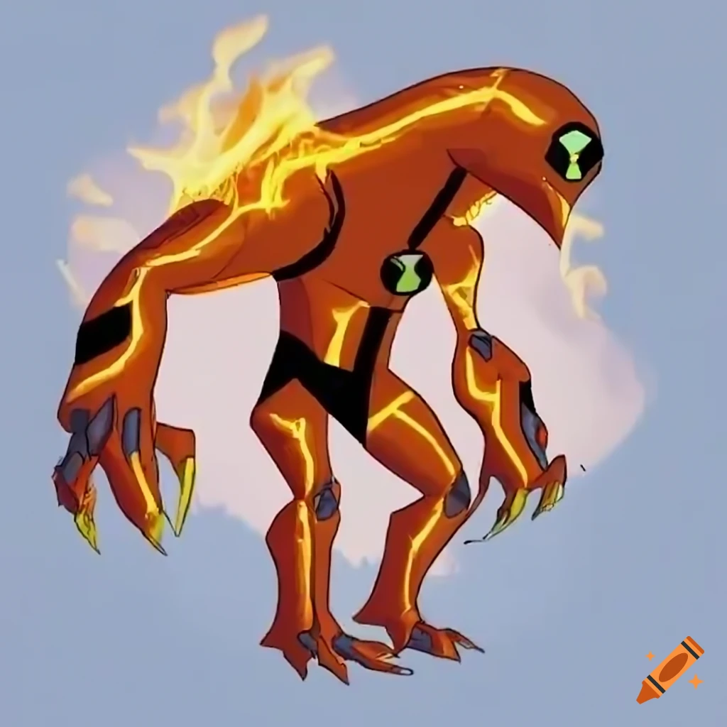 Fluxfire, a humanoid alien with fiery orange body and blue patterns, in ...