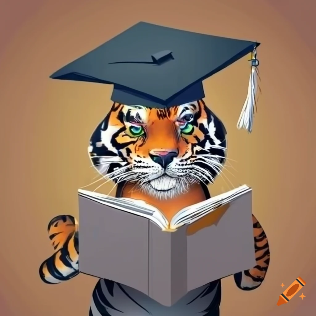 Anthropomorphic tiger with graduation cap reading a book in yellow ...