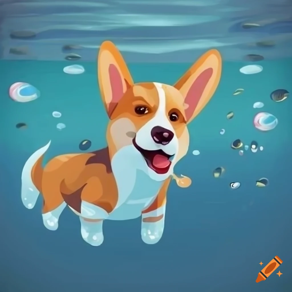 Cartoon corgi puppy swimming underwater on Craiyon