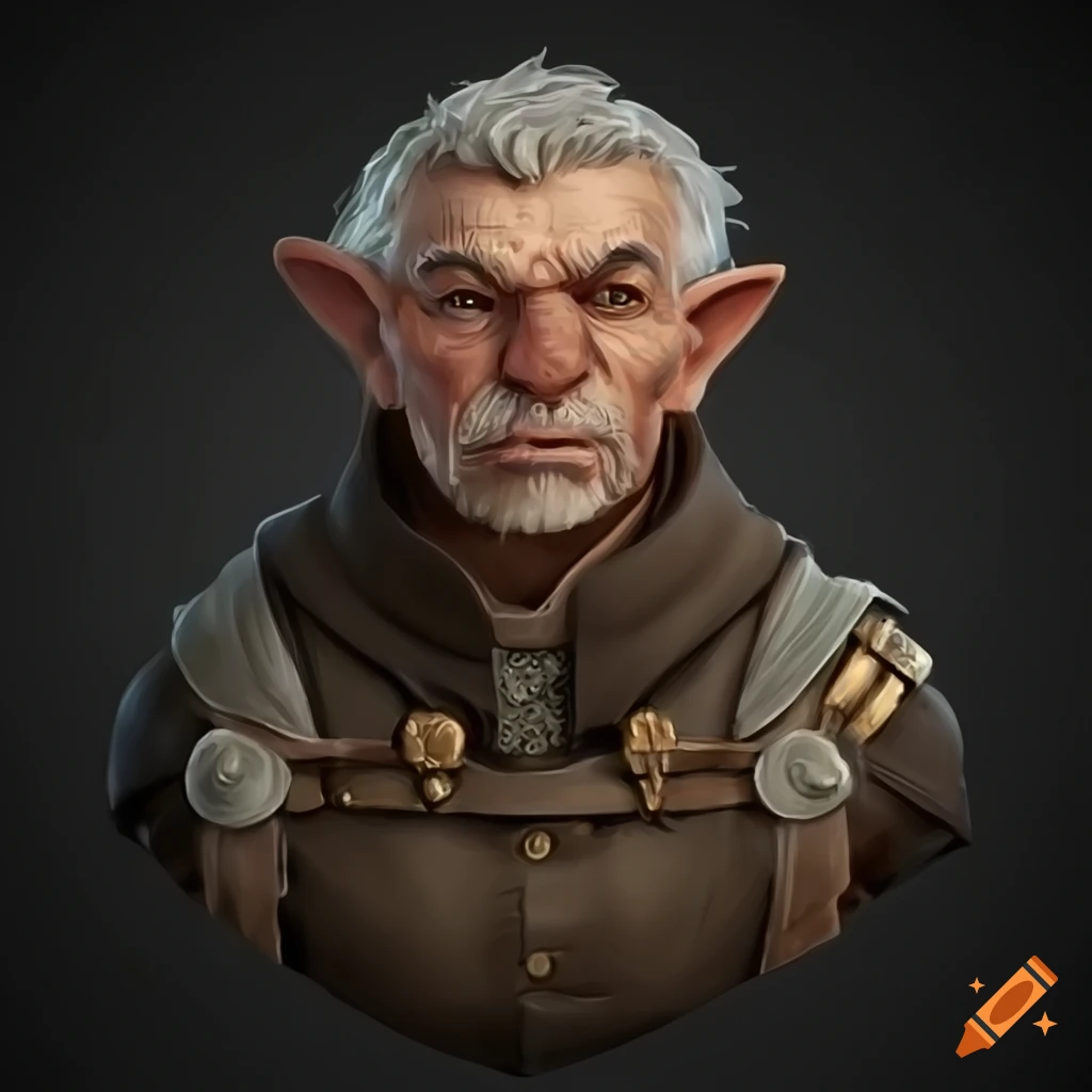 Head and shoulder portrait of an older gruff male halfling police ...