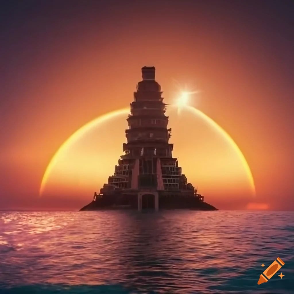 Tropical tower in front of a gigantic sun in a dramatic setting on Craiyon
