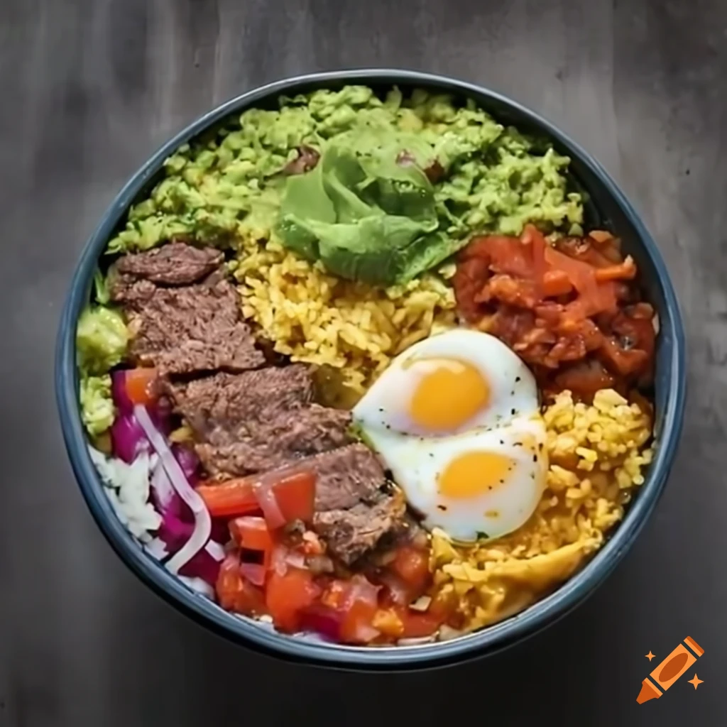 Chipotle bowl with rice, meat, guacamole, salsa, eggs, and cheese on ...