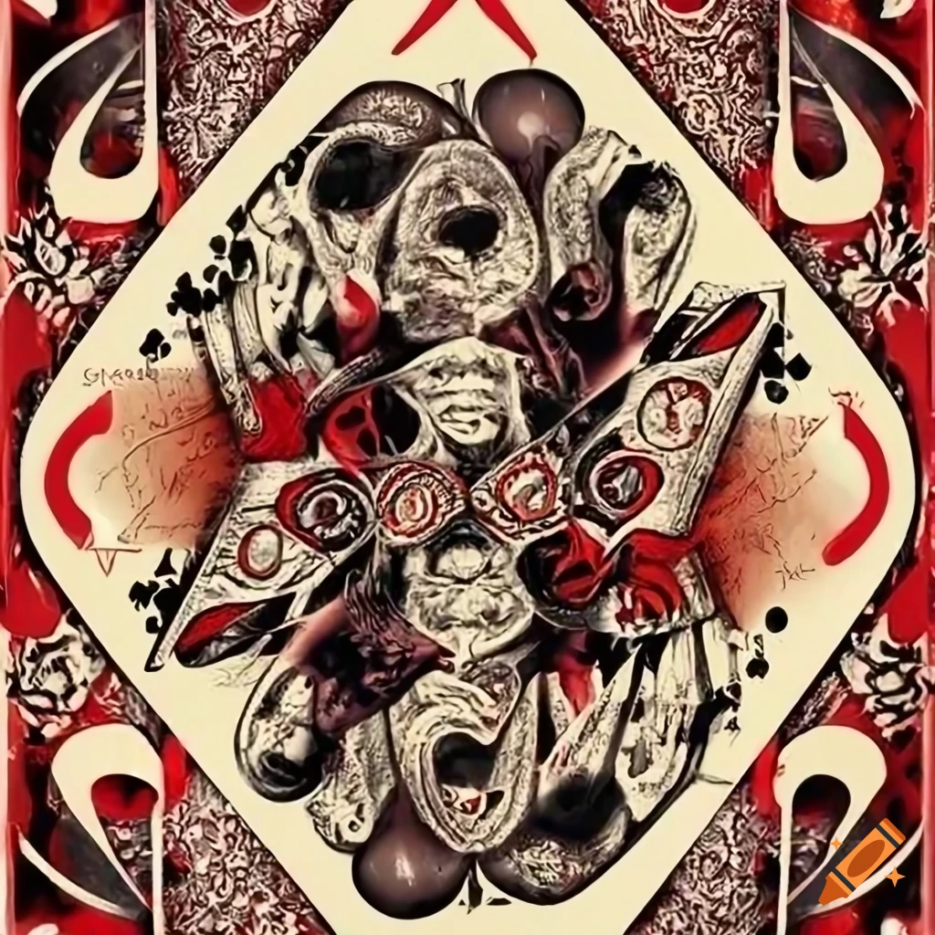 Surrealist joker playing card with unique motifs and textures on Craiyon