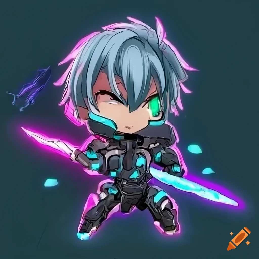 Chibi sci-fi anime hero in full armor wielding neo-plasma blades on Craiyon