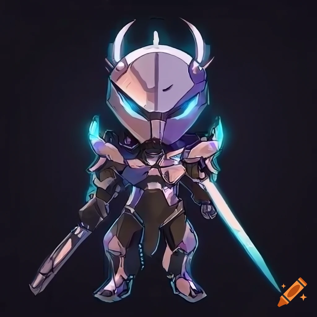 Chibi sci-fi anime hero in full armor wielding neo-plasma blades on Craiyon