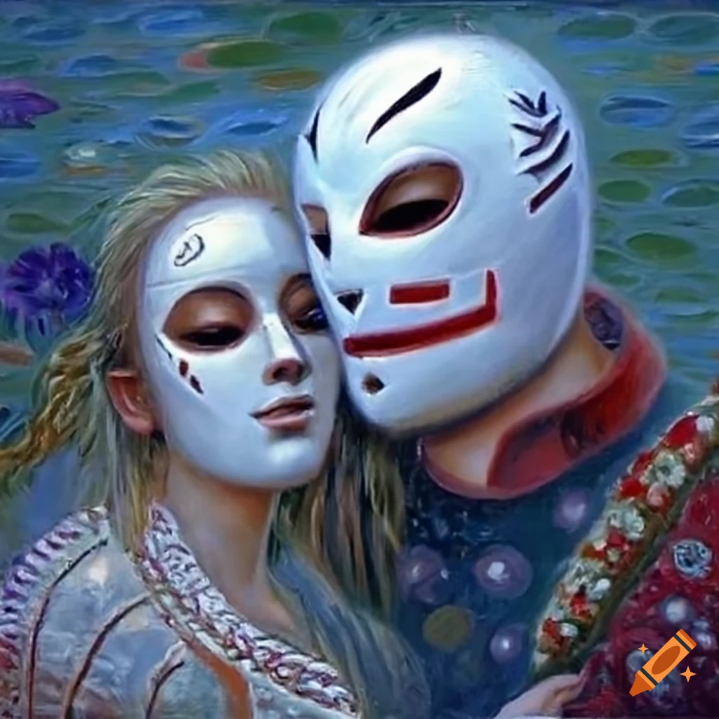 Impressionistic oil painting of two masked people hugging near a lake ...