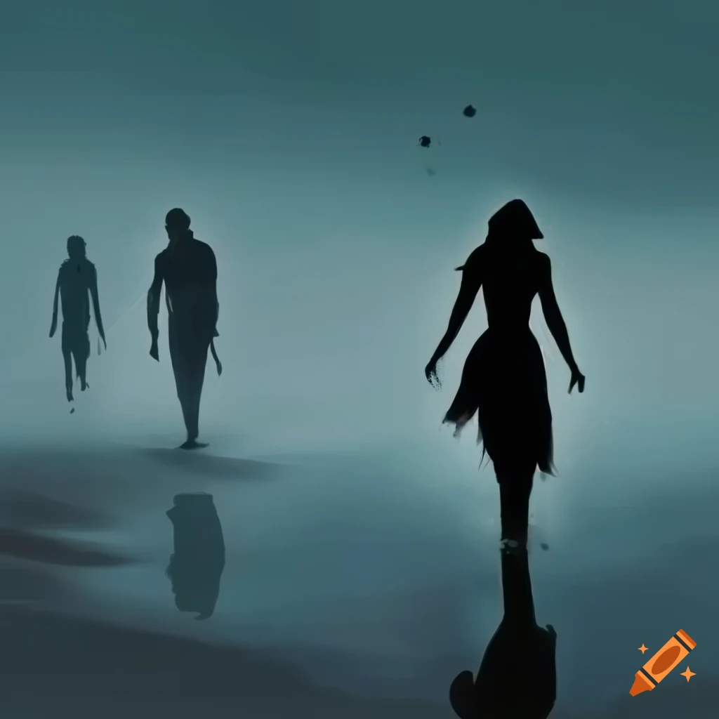 Four shadowy figures walking on the beach at night on Craiyon