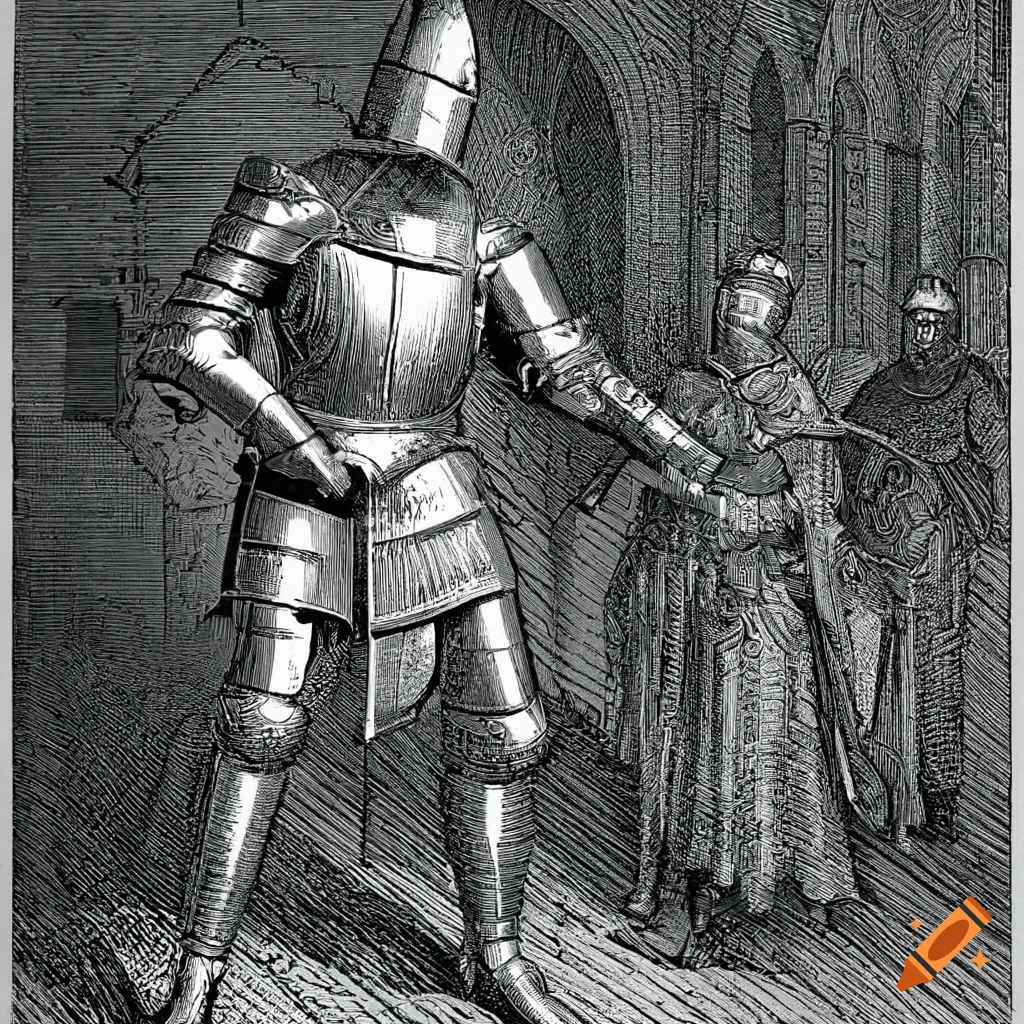Dynamic full body engraving of a noble knight in plate armor standing ...
