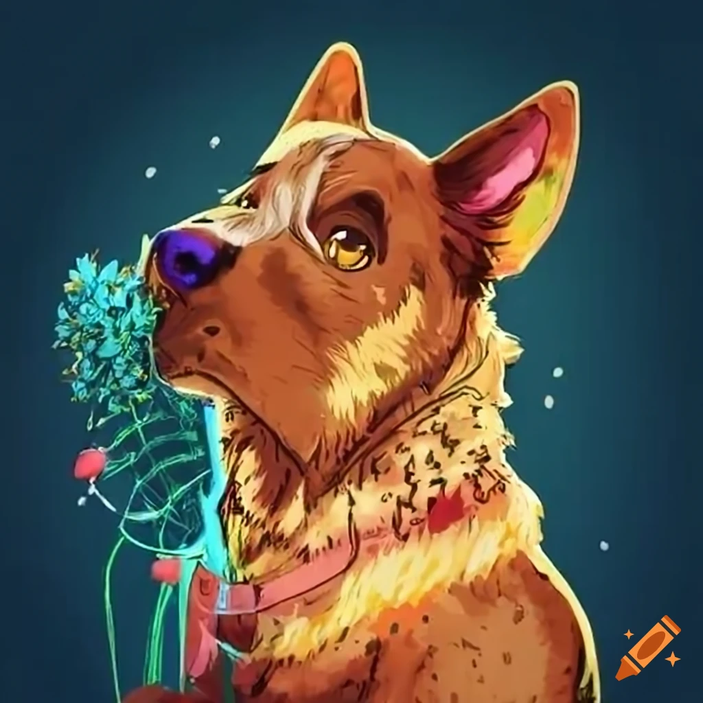 Illustration of buff, a big dog, going for a walk on Craiyon