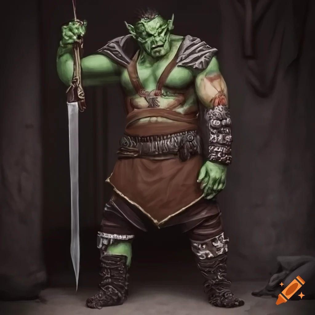 Half-orc barbarian with tattoos swinging a huge sword on Craiyon
