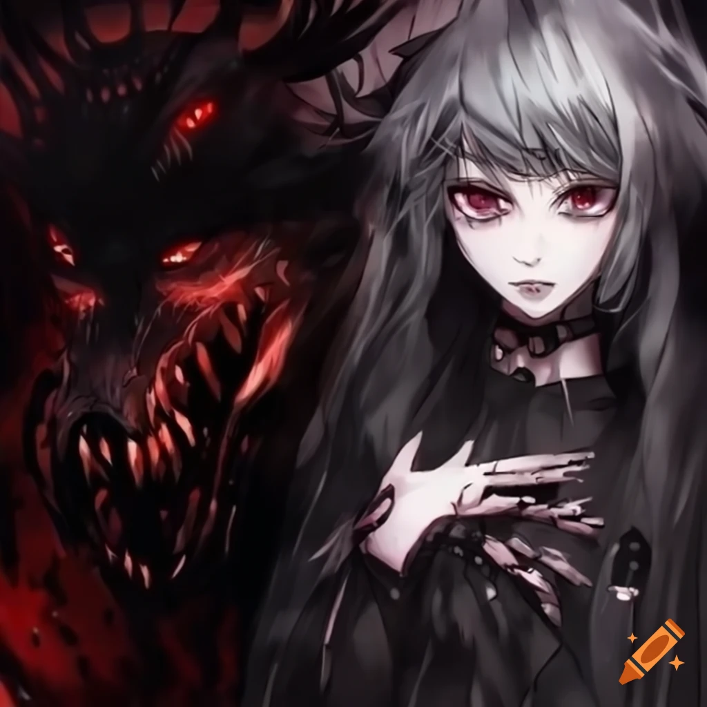 Anime goth girl with white wolf and kaiju wendigo on Craiyon