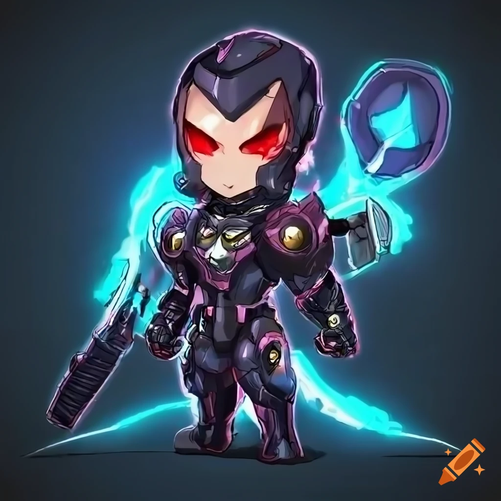 Chibi sci-fi anime style hero in full armor wielding neo-plasma blades ...