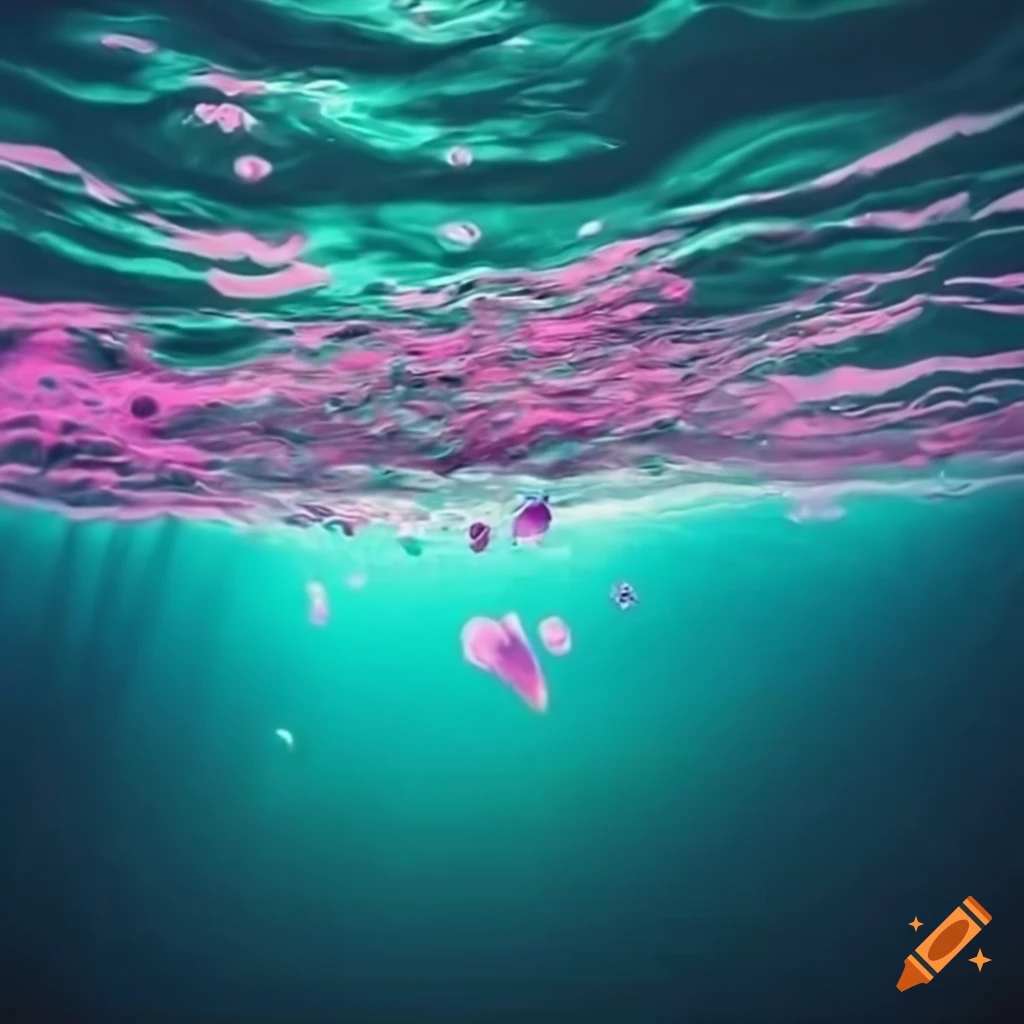 Ocean waves couple floating in surreal underwater landscape with pink ...