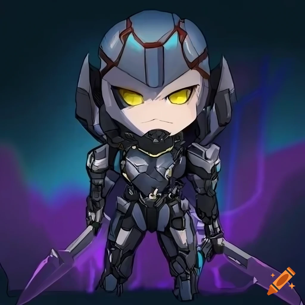 Chibi sci-fi anime hero in full armor with neo-plasma blades on Craiyon
