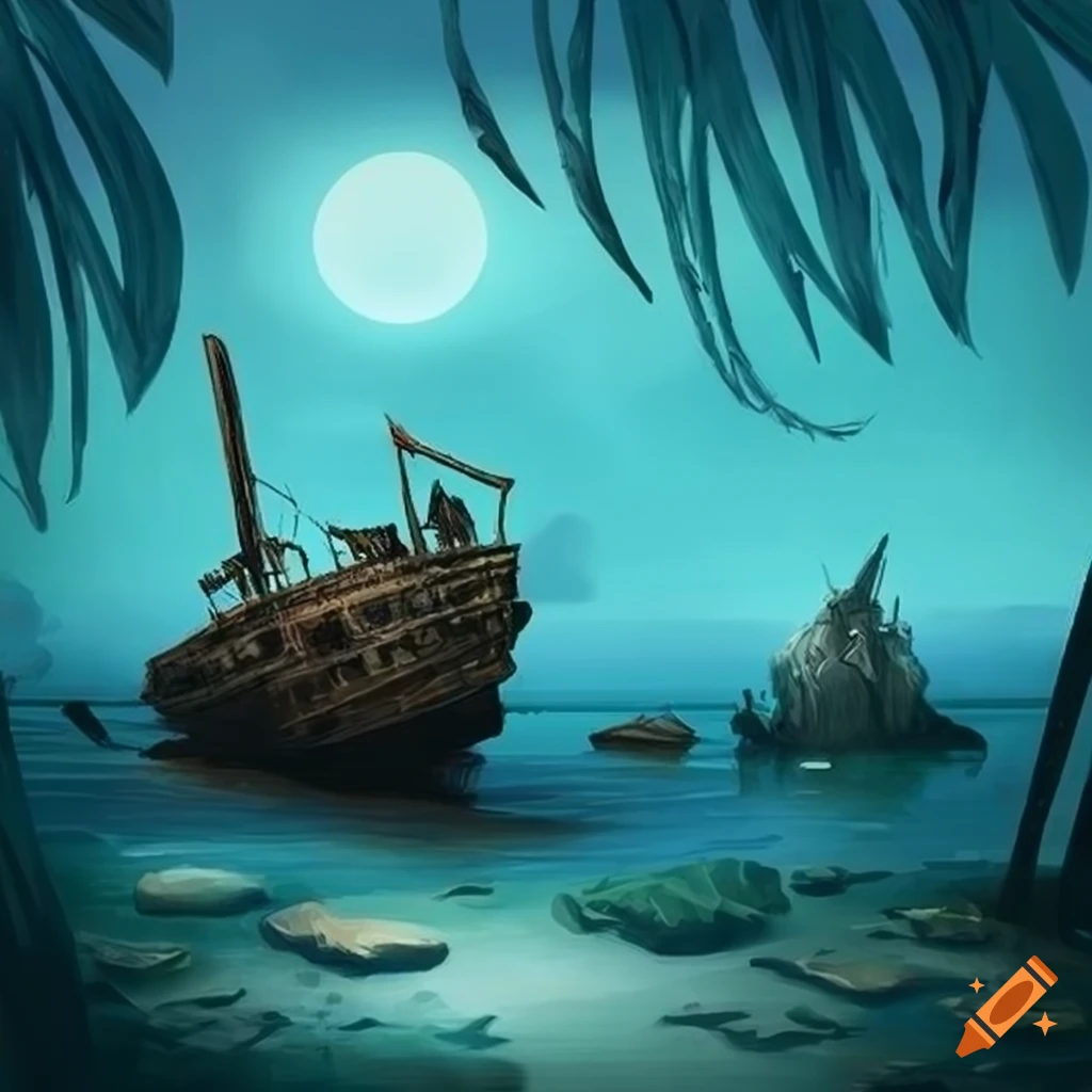 Shipwreck on a deserted island in a fantasy illustration on Craiyon