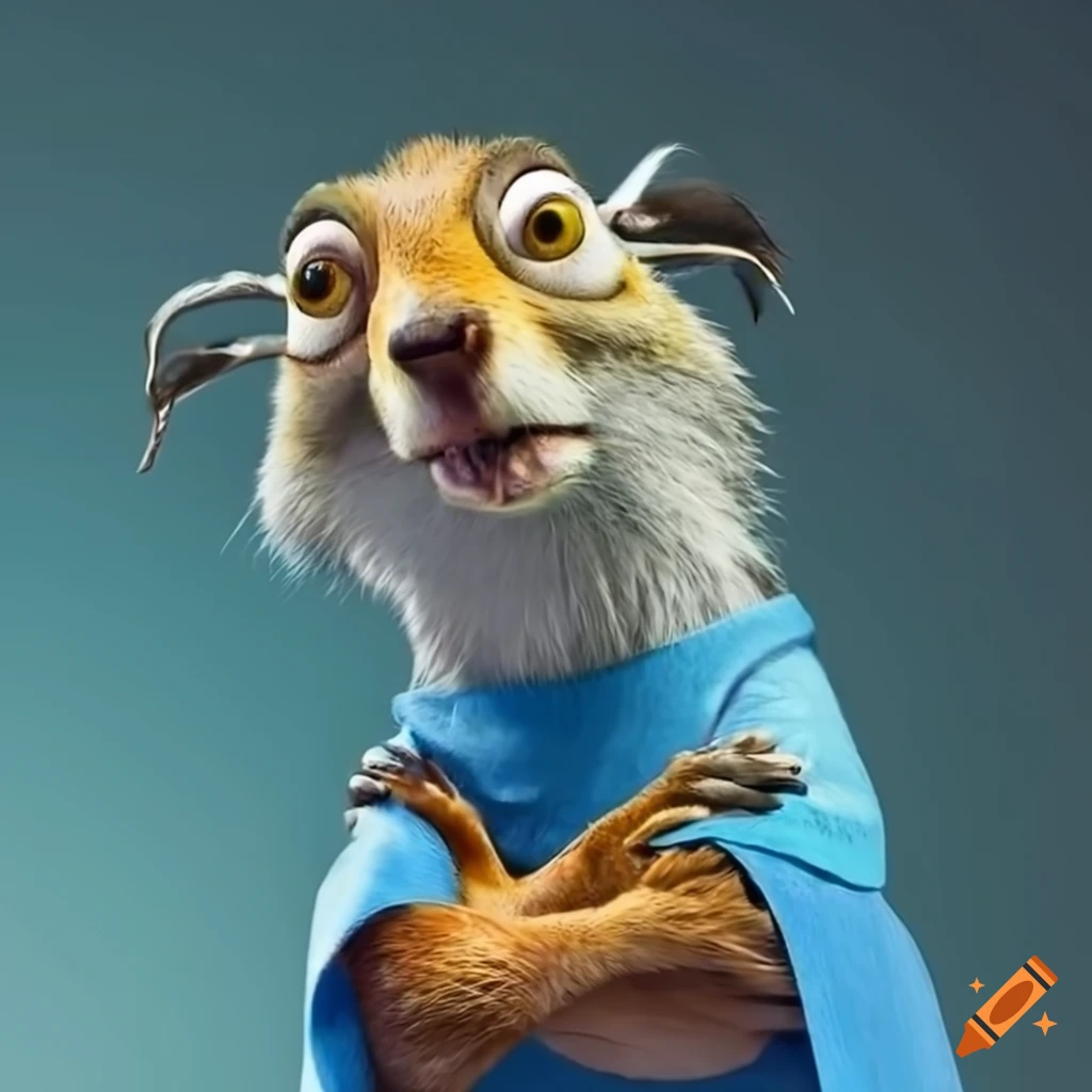 Close-up of scrat the ice age squirrel wearing a blue apron in a ...
