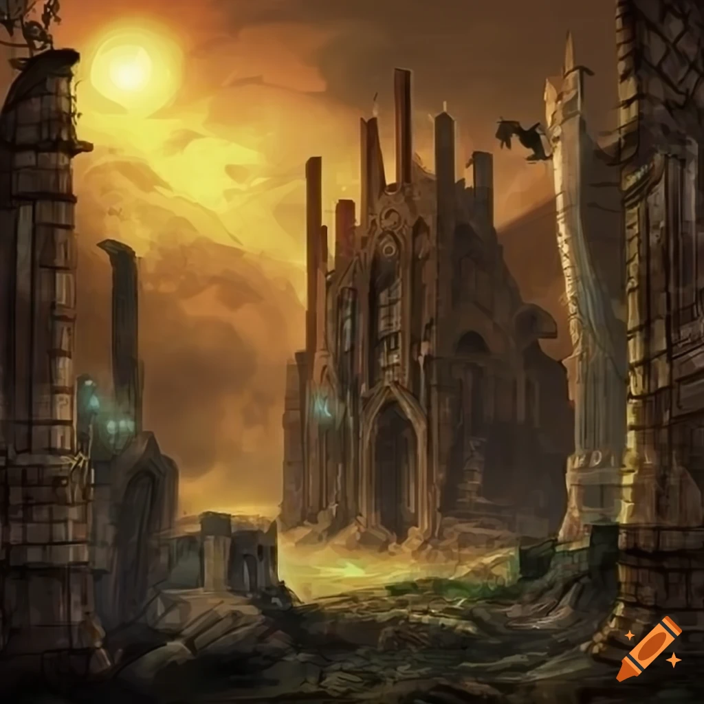 Prosperous steampunk ruins in fantasy art style on Craiyon