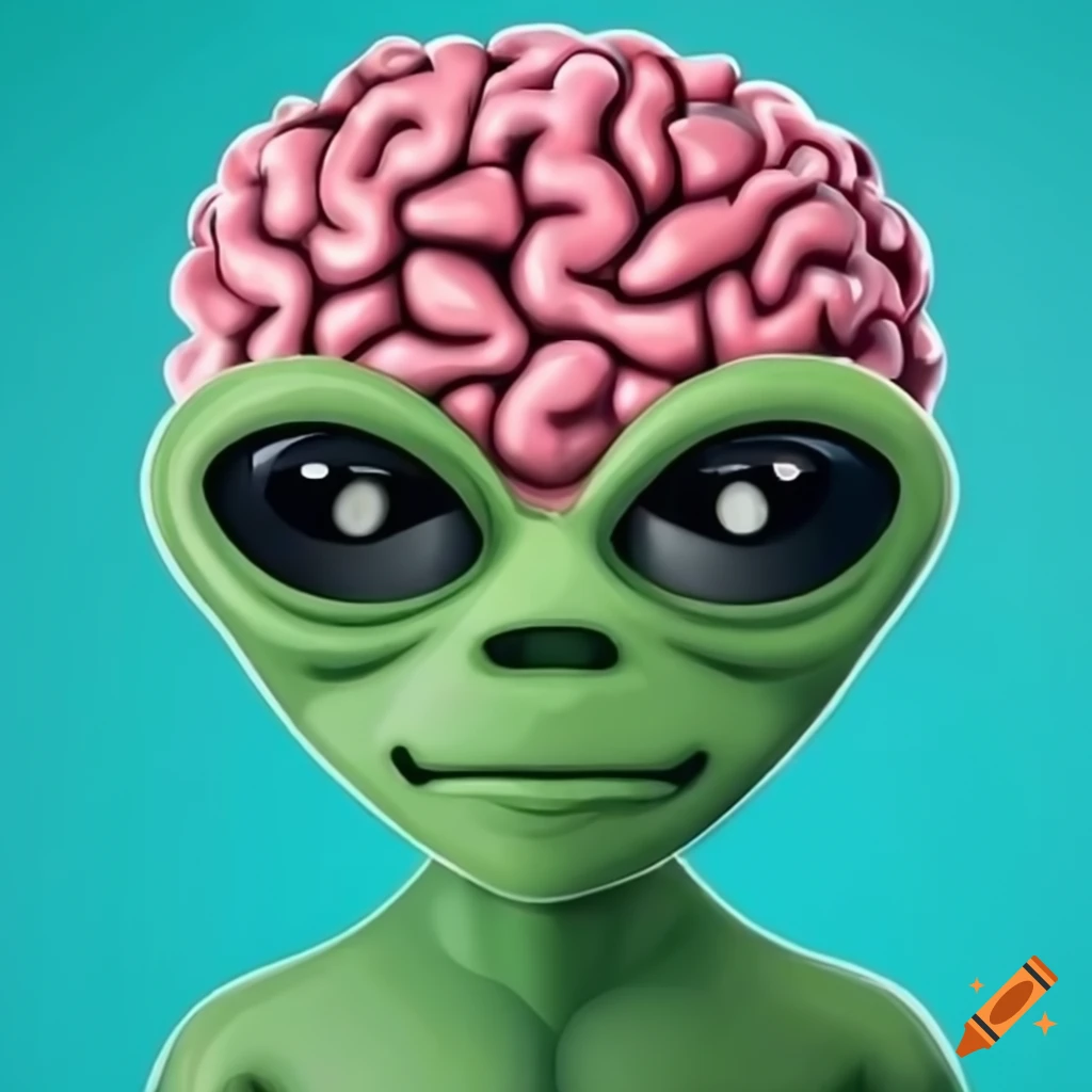 Cartoon alien with a brain head facing right on Craiyon