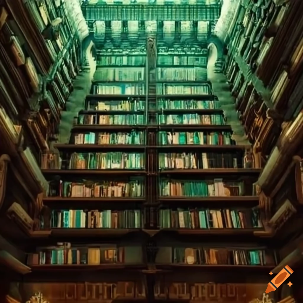 Close-up of endless pastel green, cream, and dark brown shelves in an ...