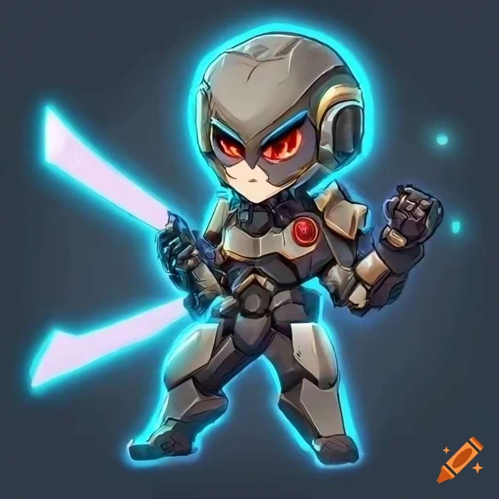Chibi sci-fi anime style hero in full armor with neo-plasma blades on ...