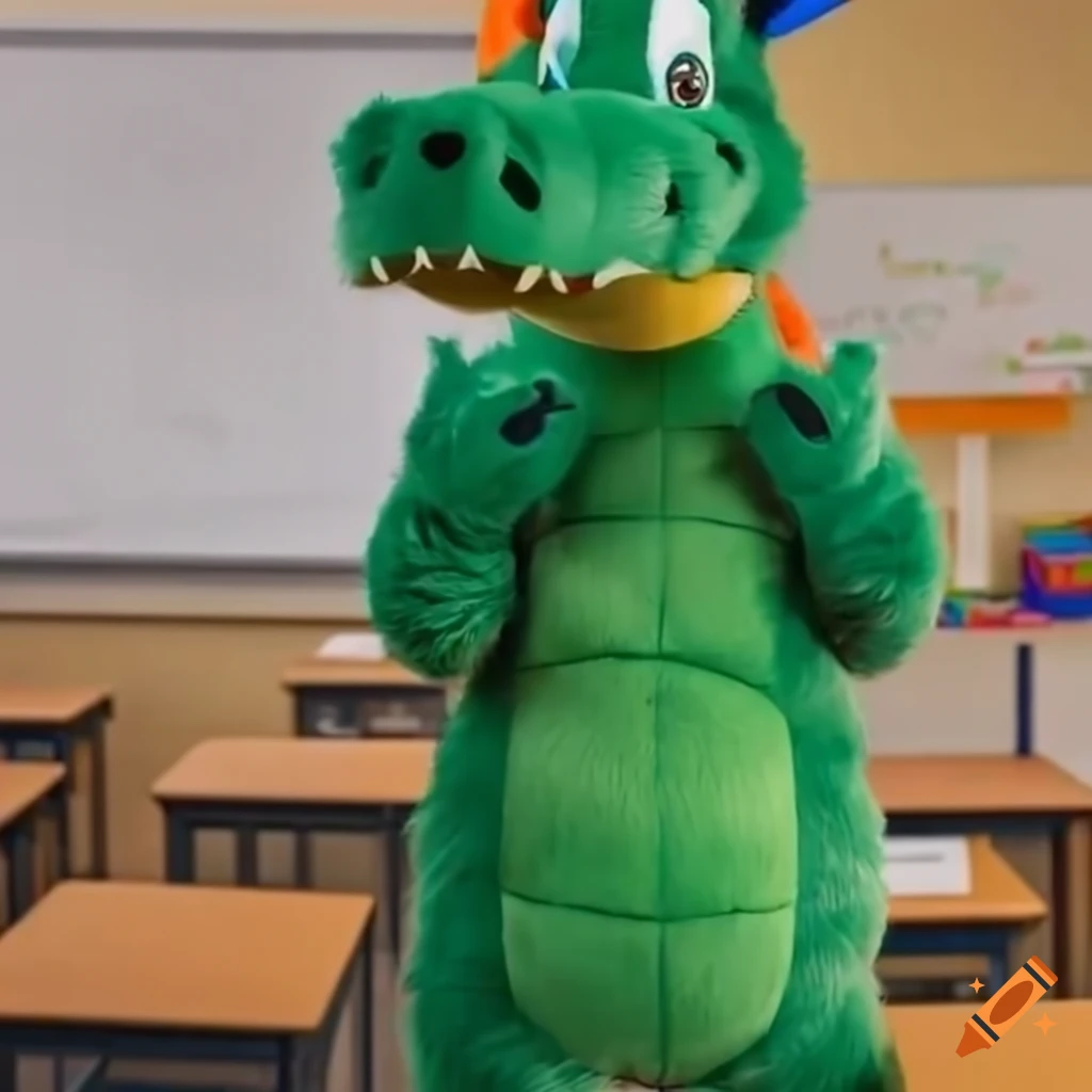 Close up of a tall female teacher in a cartoony alligator mascot ...
