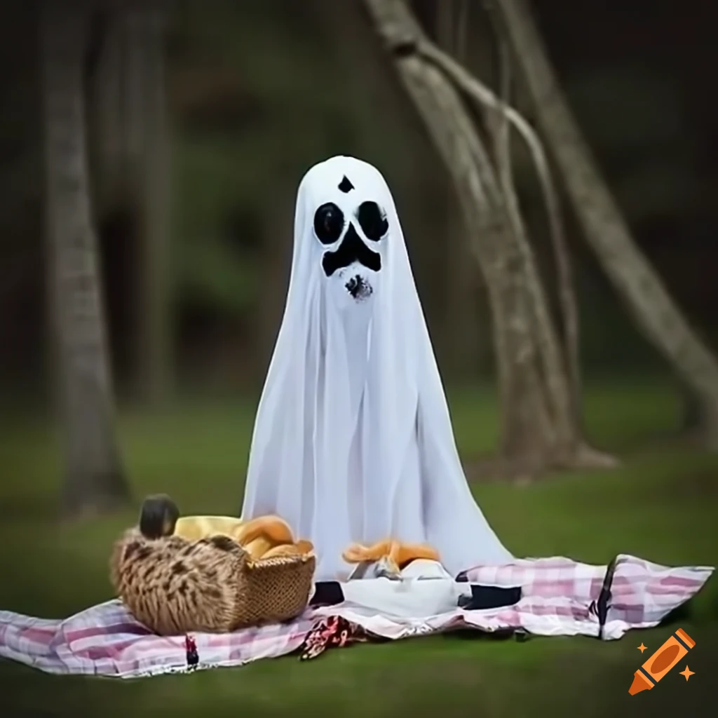 Spooky ghost picnic scene with a meerkat in halloween costume on Craiyon