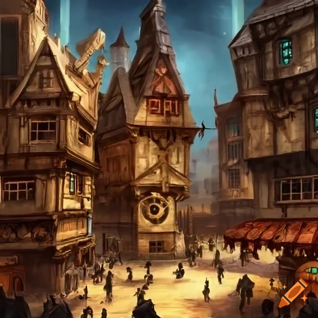 Steampunk market square in fantasy art style on Craiyon