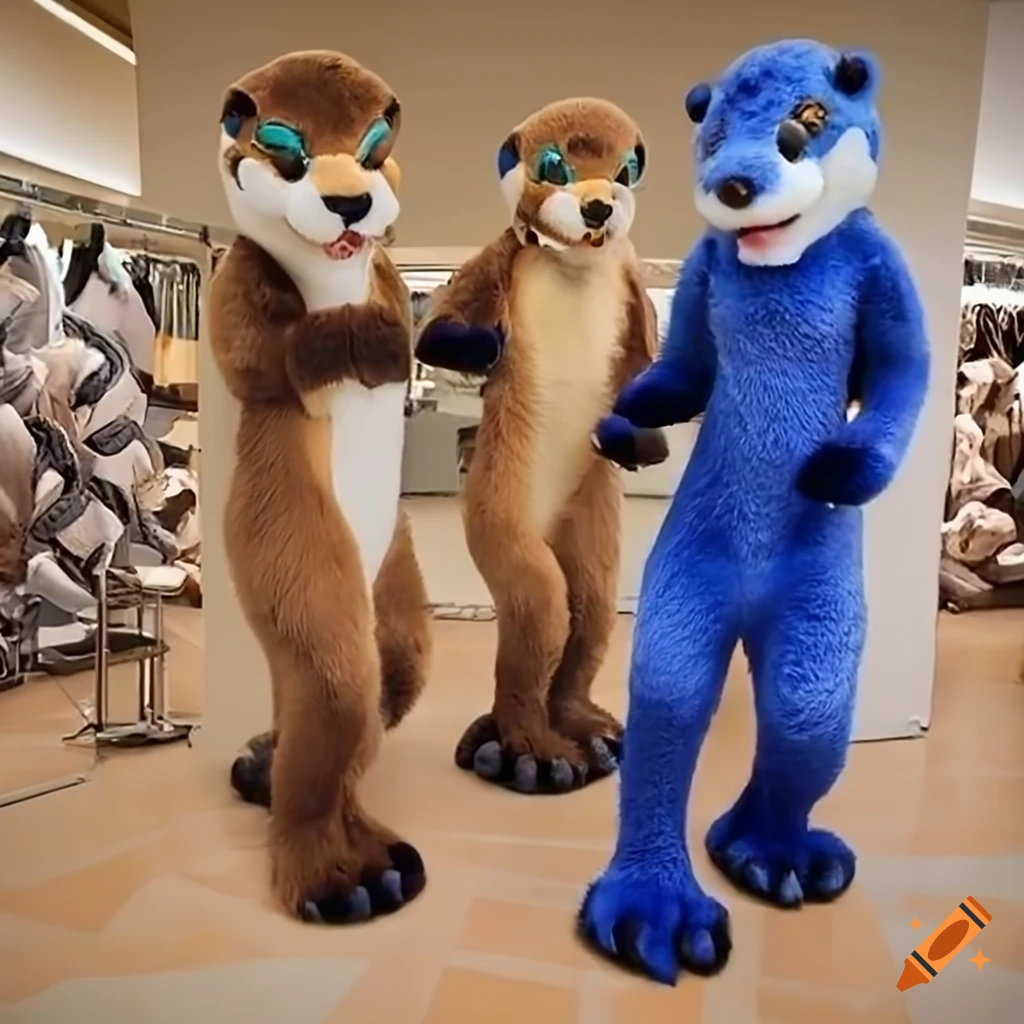 Male workers wearing brown otter fursuits at retail store on Craiyon