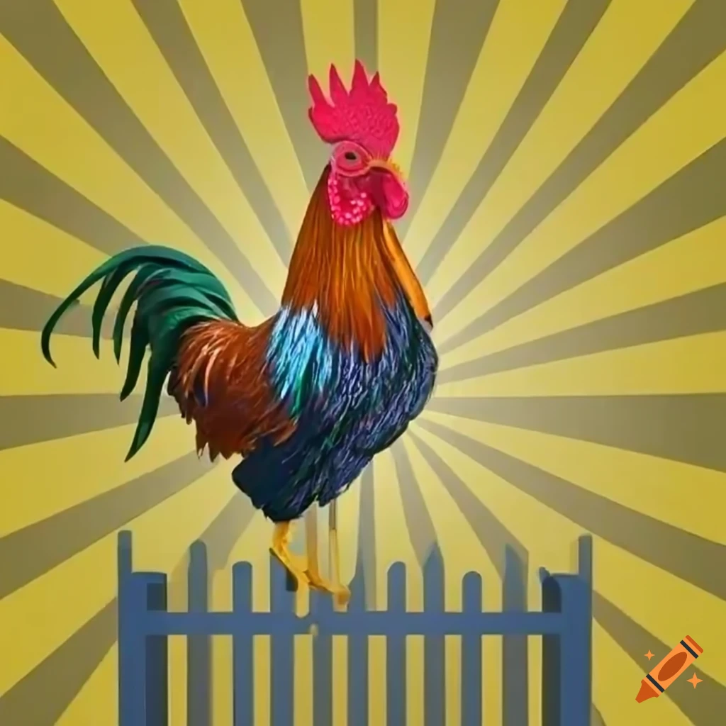 Happy rooster on a fence with yellow sunburst background on Craiyon