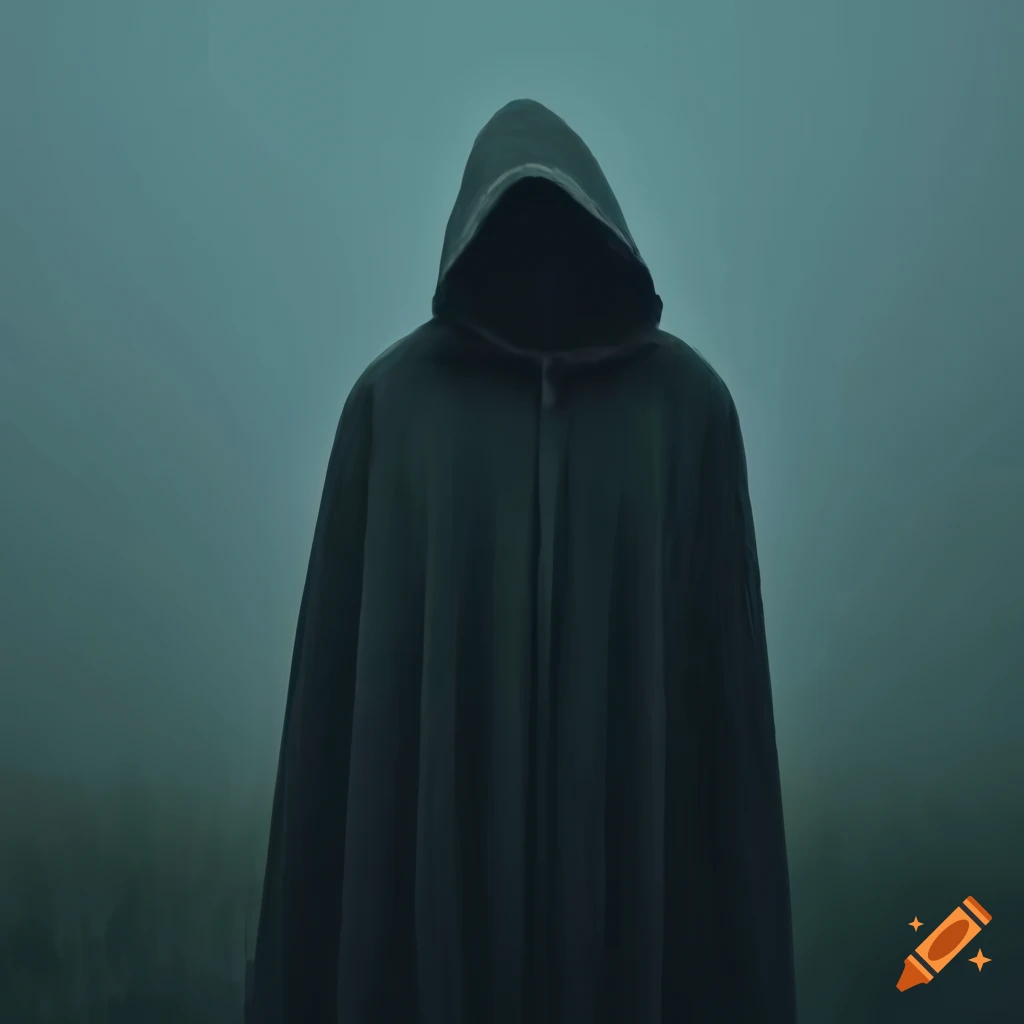 Hooded figure in a dark foggy field on Craiyon