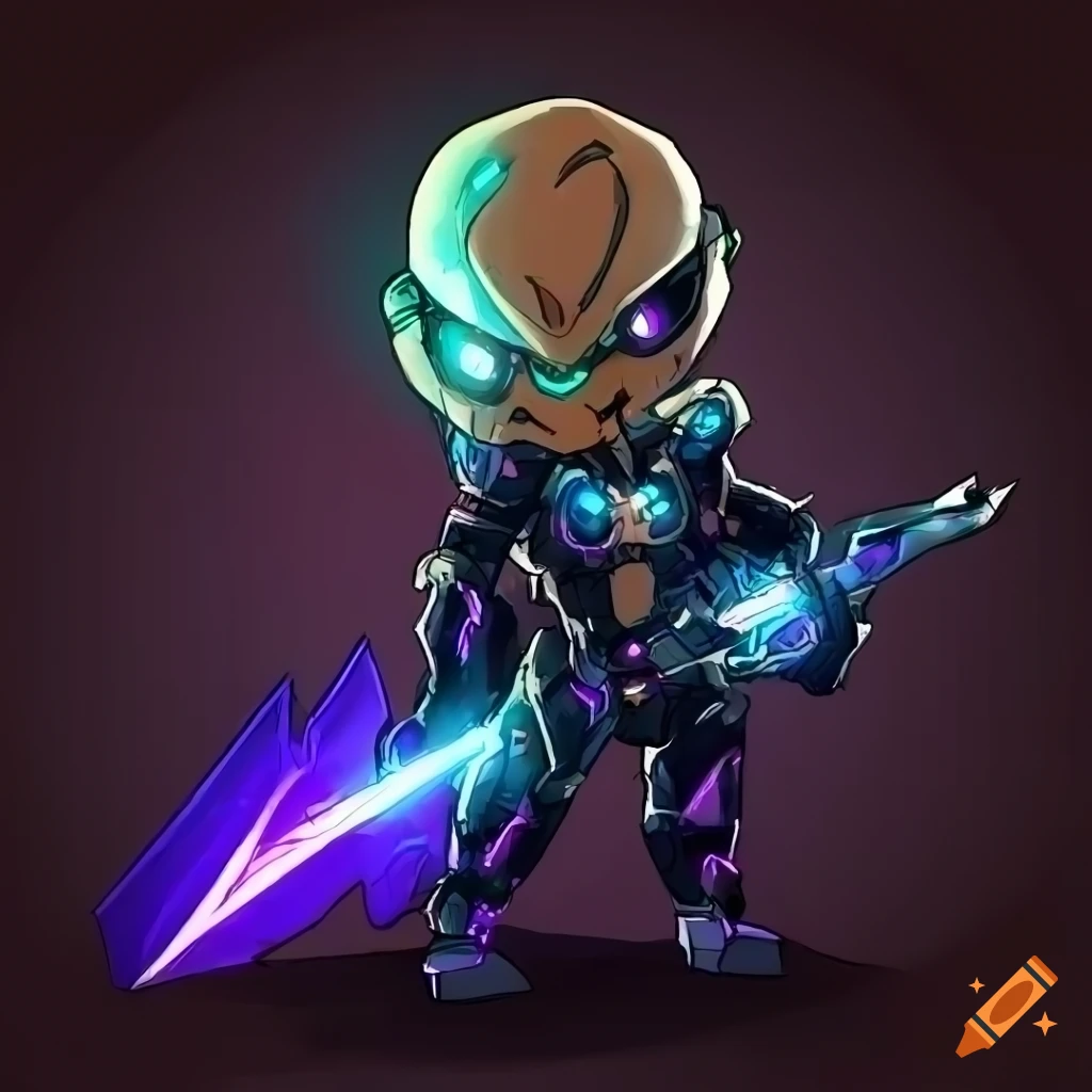 Chibi sci-fi anime style hero in full armor with neo-plasma blades on ...