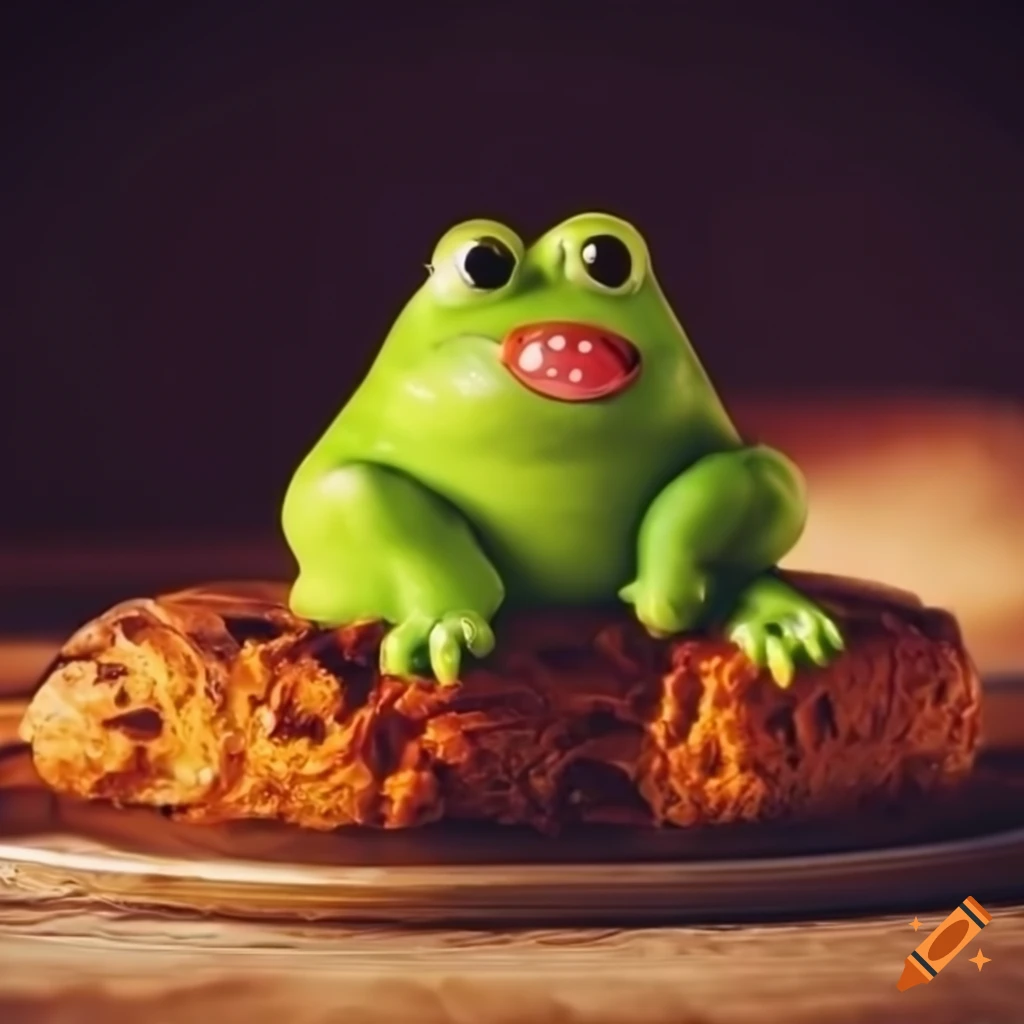 Frog-shaped cake among freshly baked treats on a baking sheet on Craiyon