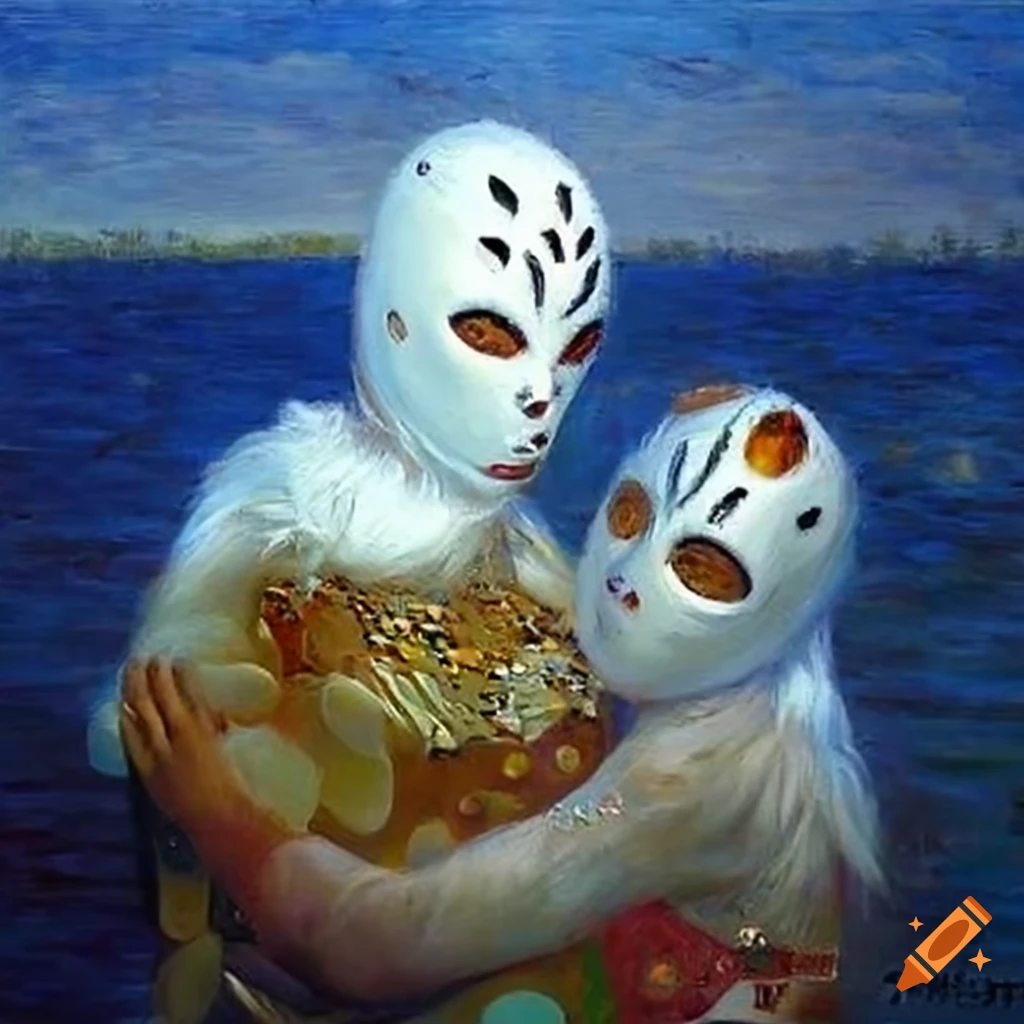 Impressionistic nocturnal oil painting of two masked people hugging by ...