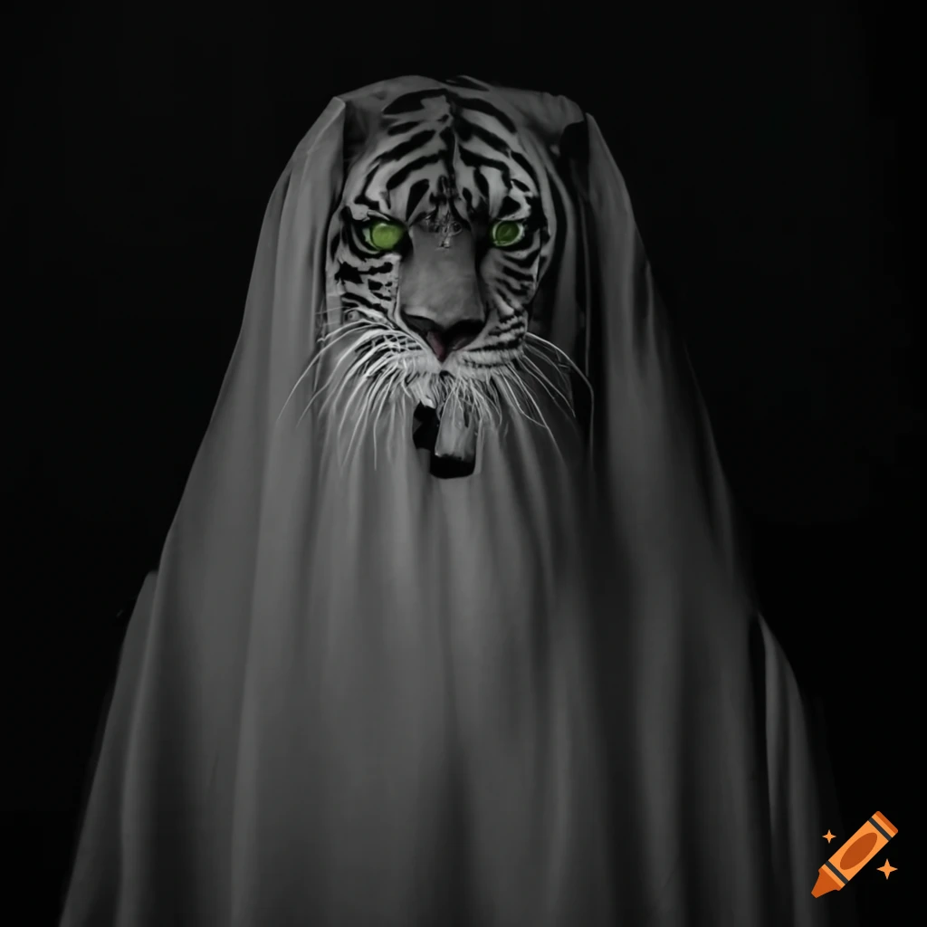 Spooky bedsheet ghost costume over a lively tiger for Halloween on Craiyon