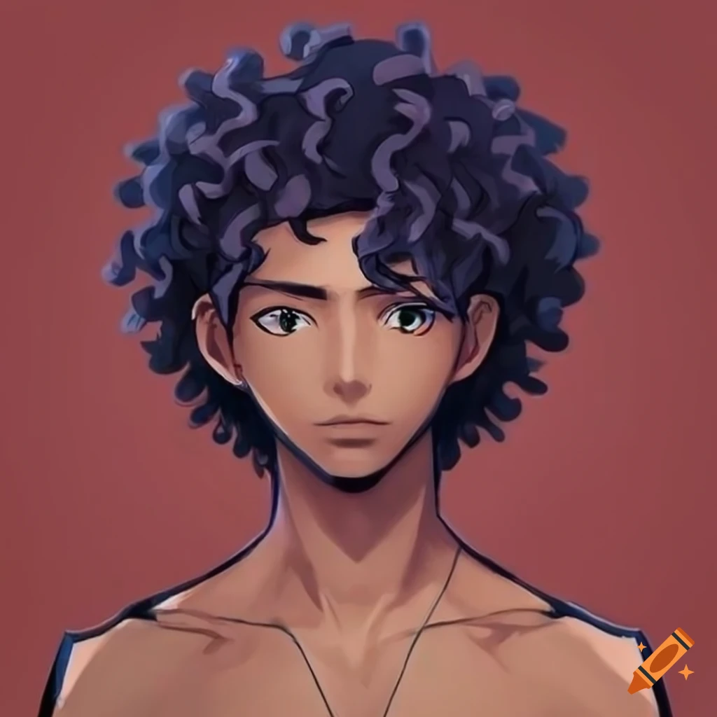 Japanese Anime Inspired Male Character With Dark Brown Skin And Curly