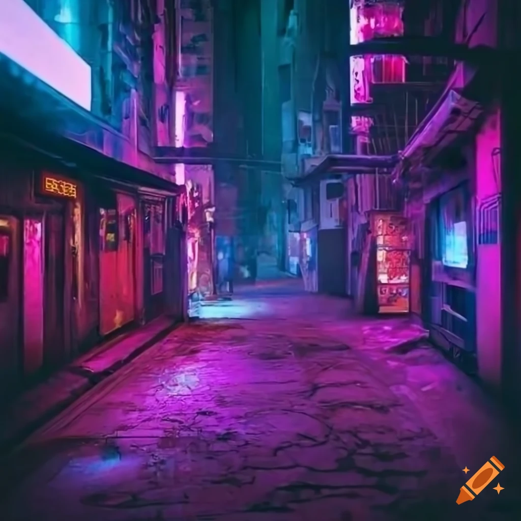 Neon cyberpunk dystopian alleyway at night in hyper realistic style on ...