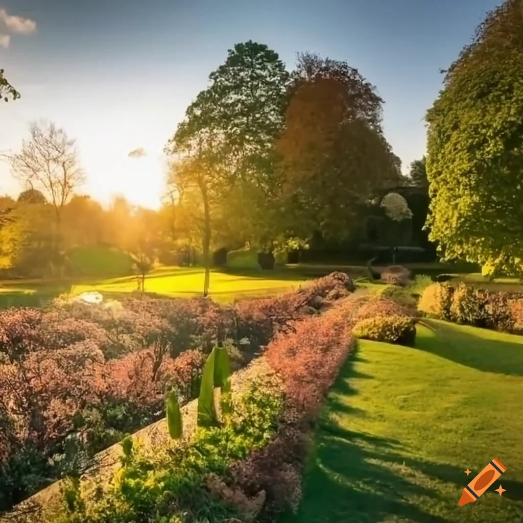 Gardens in knighton park, leicester, england at sunset on Craiyon