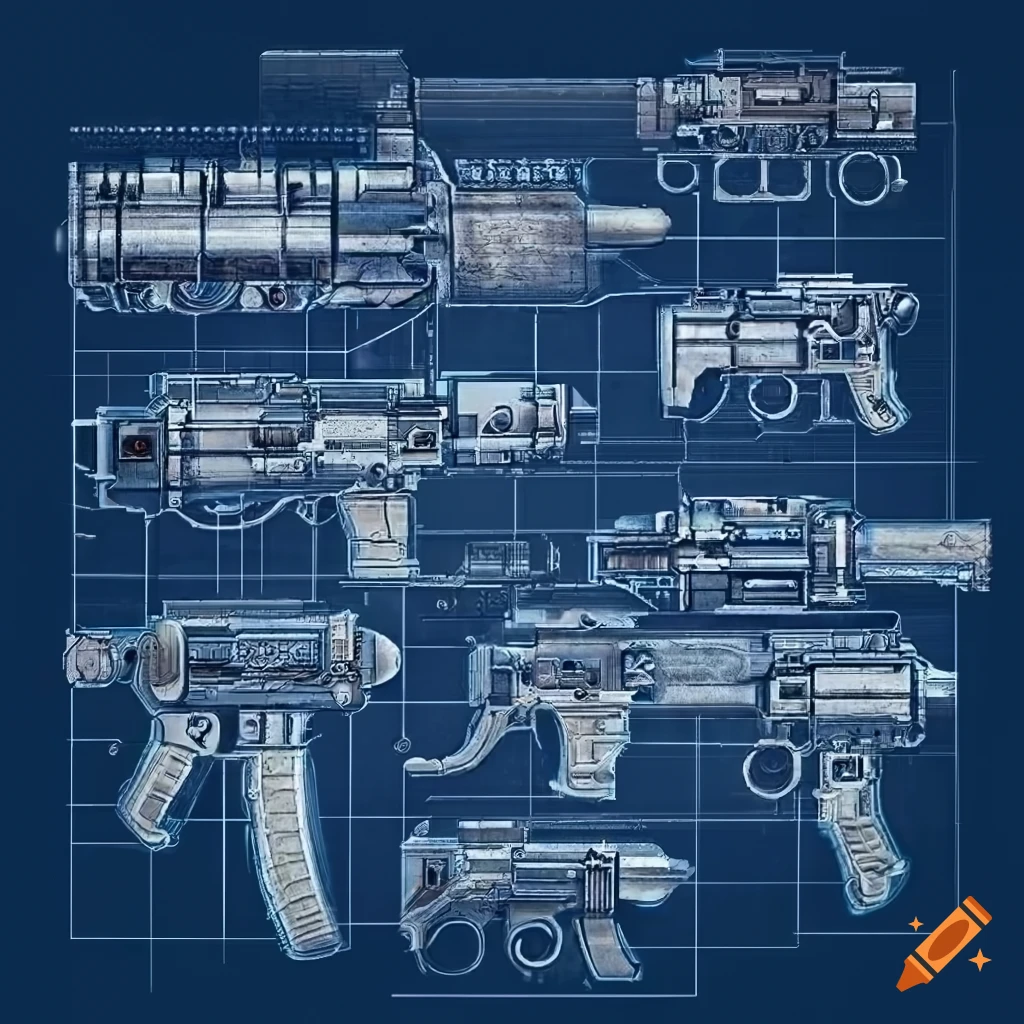Detailed blueprint of Gears of War weapons and sci-fi components on Craiyon