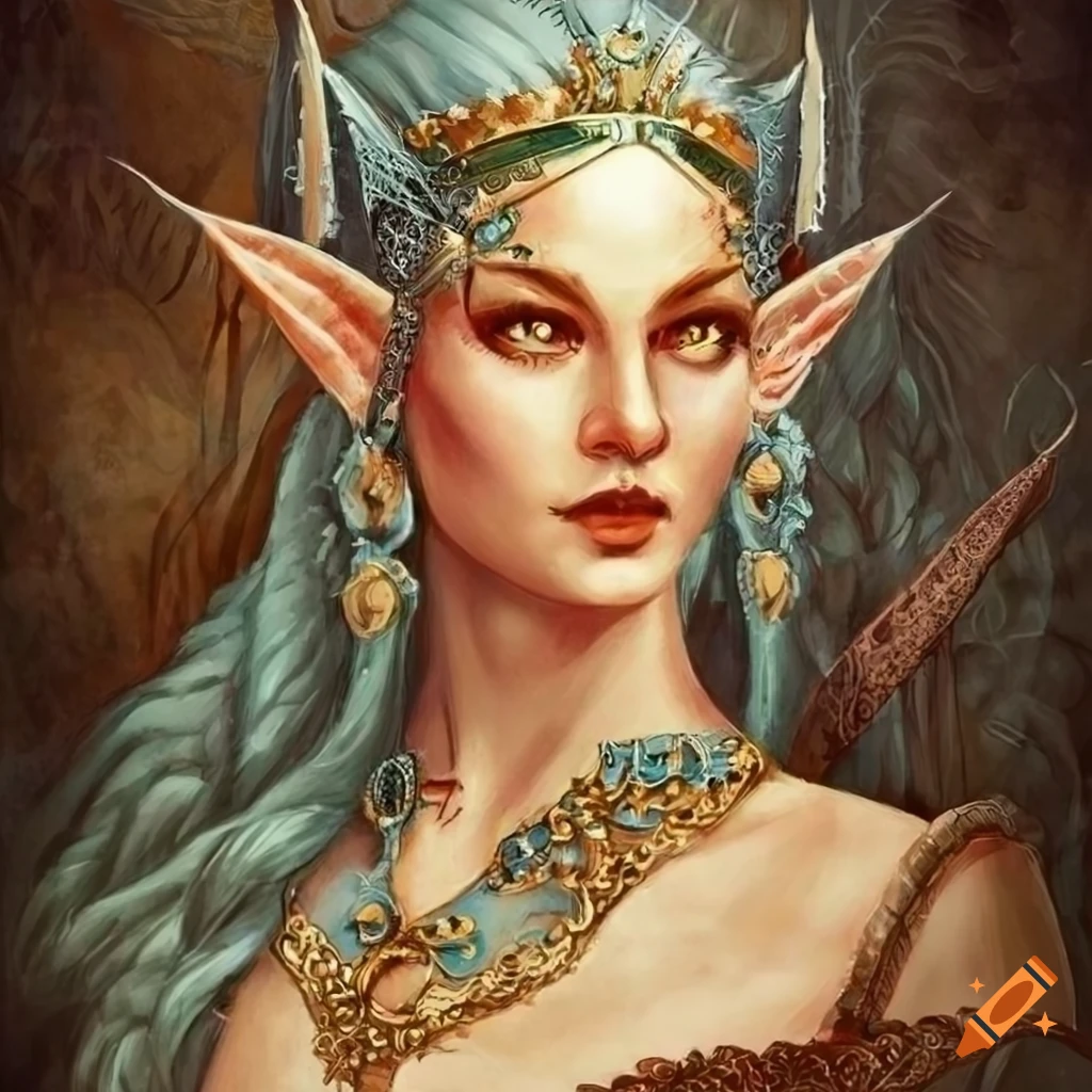 Highly detailed vintage illustration of an elf queen on Craiyon