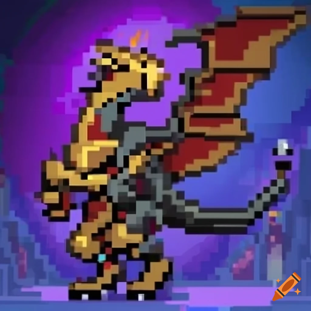 Pixel art of a dragonic paladin dragon on Craiyon
