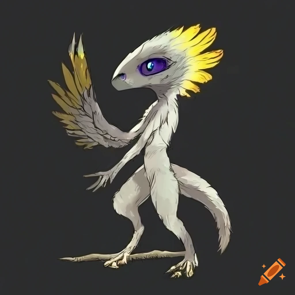 Cute gray humanoid anthro alien bird hunting on an alien planet on Craiyon