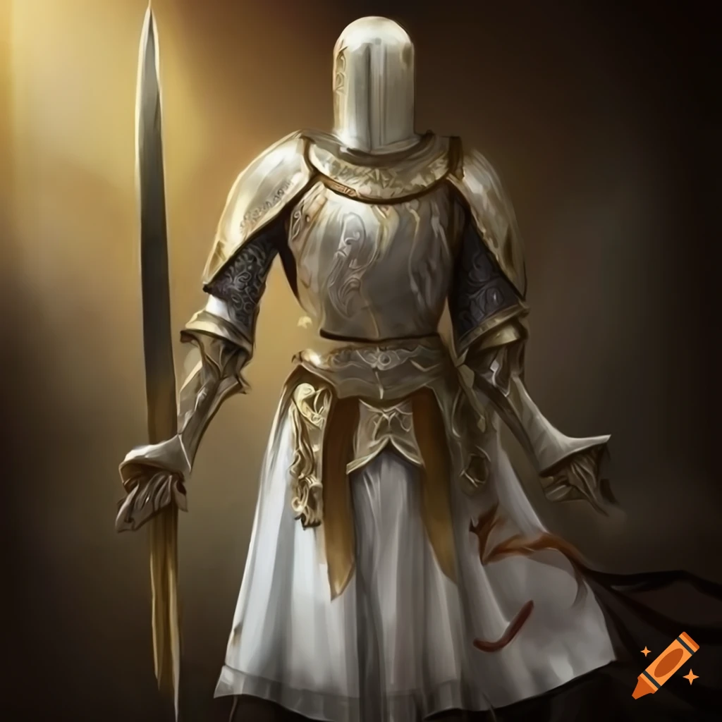 Imposing knight in gold and white satin armor with giant sword on Craiyon
