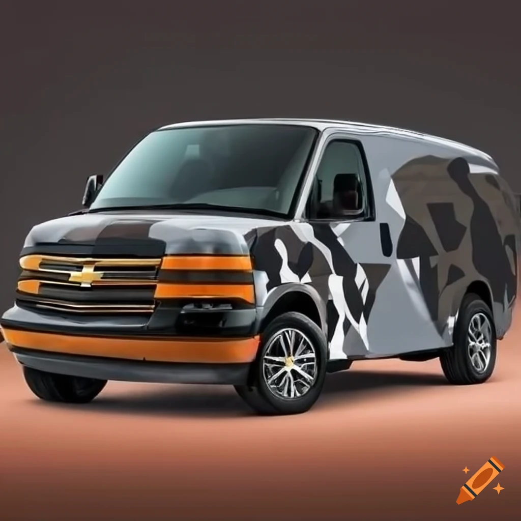 Chevy express van with modern geometric camouflage vinyl wrap on Craiyon