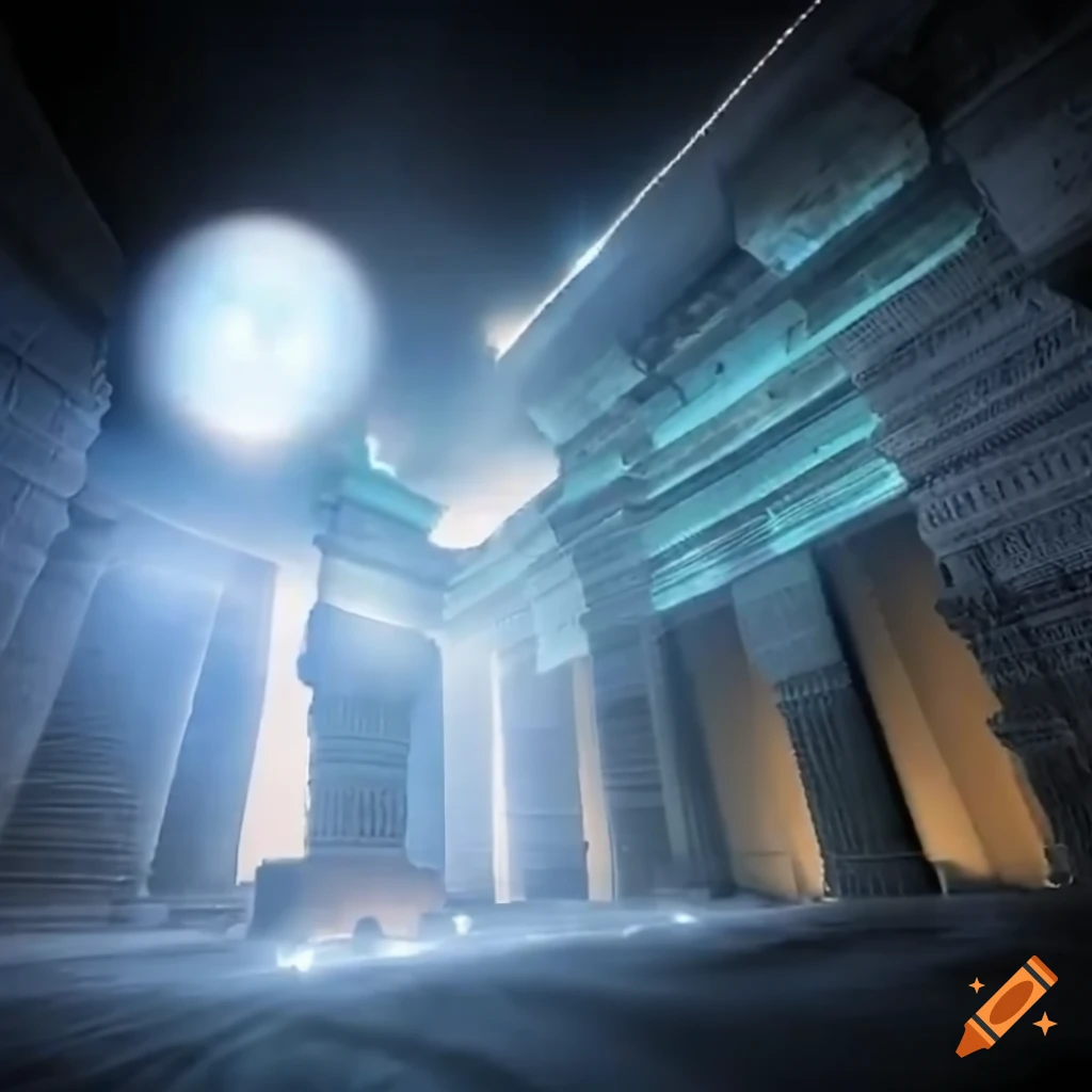 White light emanating from inside the ramesseum temple in a space ...