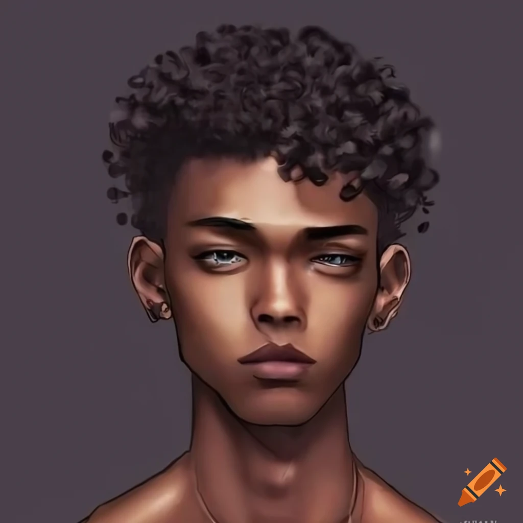 Japanese anime-inspired male character with dark brown skin and curly ...
