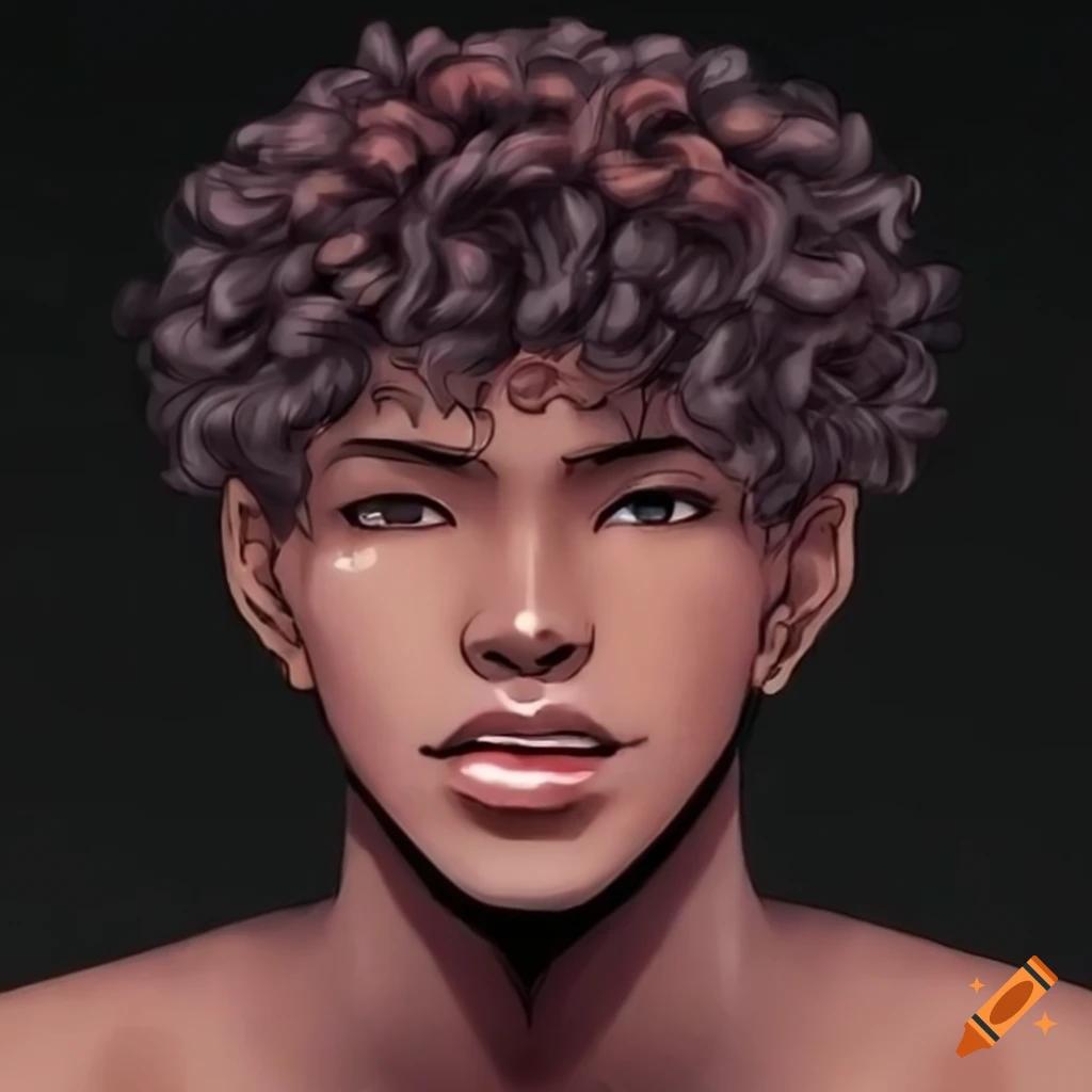 Japanese Anime Inspired Male Character With Dark Brown Skin And Curly