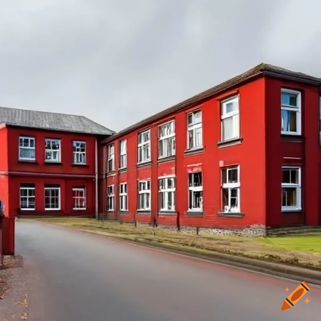 Two storey school buildings with a grey yard in the middle on Craiyon